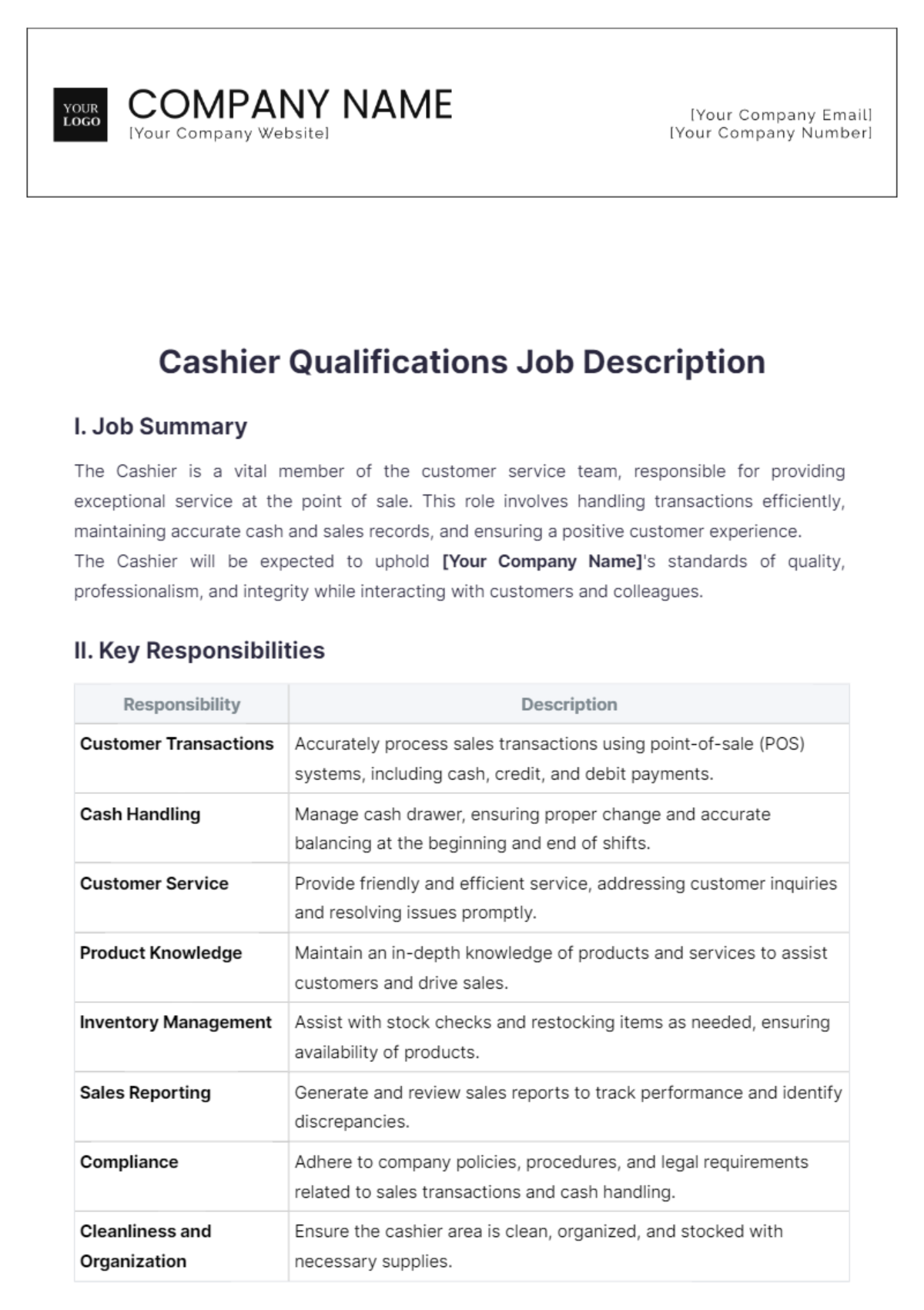 Free Cashier Qualifications Job Description Template - Edit Online ...