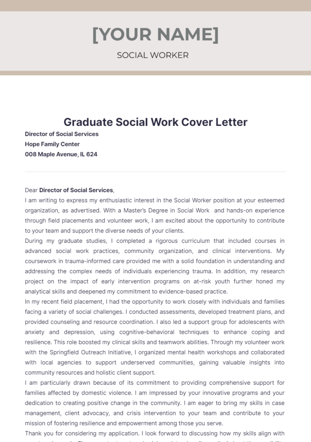 Free Graduate Social Work Cover Letter Template To Edit Online