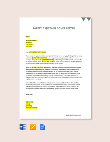 Safety Assistant Cover Letter Template - Google Docs, Word | Template.net