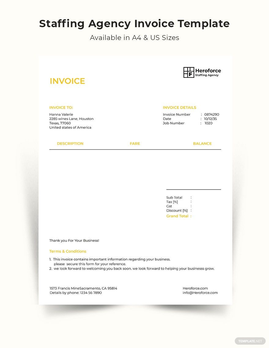 Staffing Agency Invoice Template Google Docs Google Sheets Illustrator InDesign Word 
