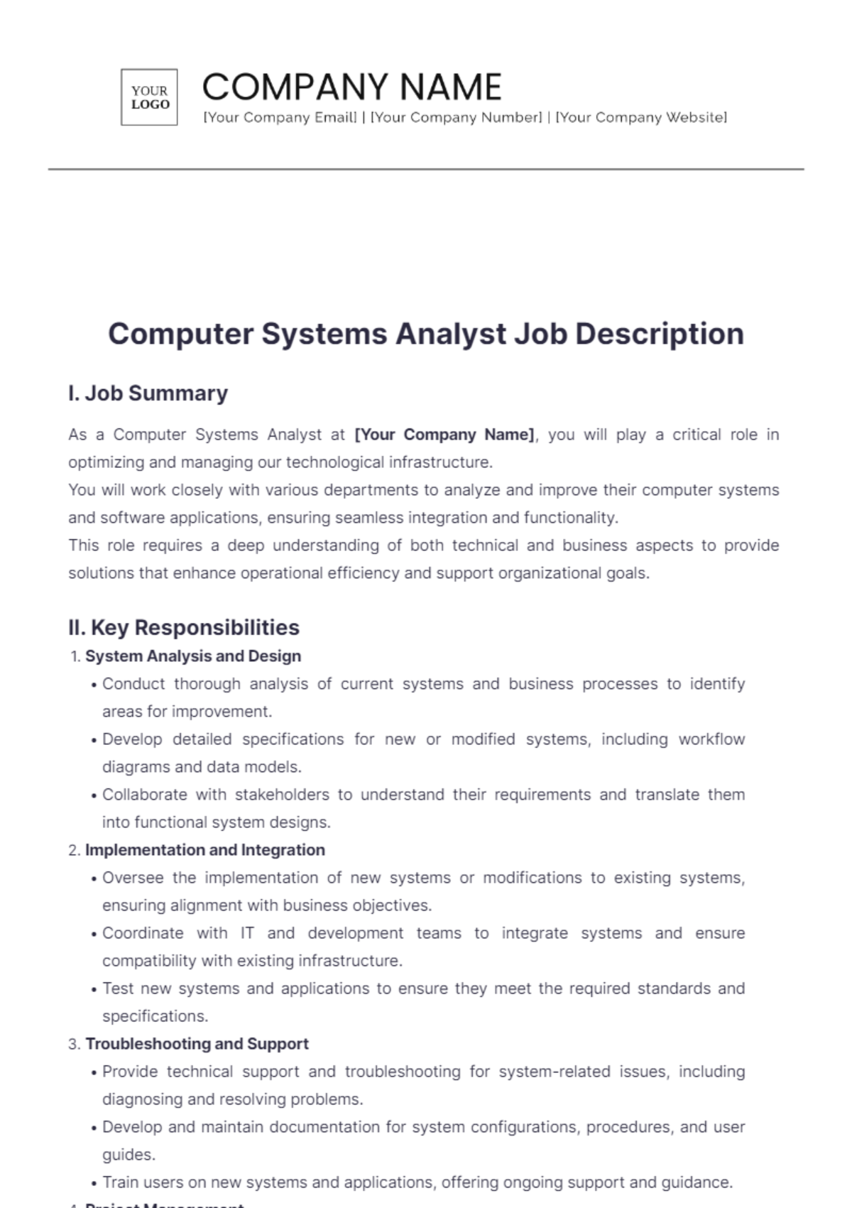 Free Computer Systems Analyst Job Description Template To Edit Online