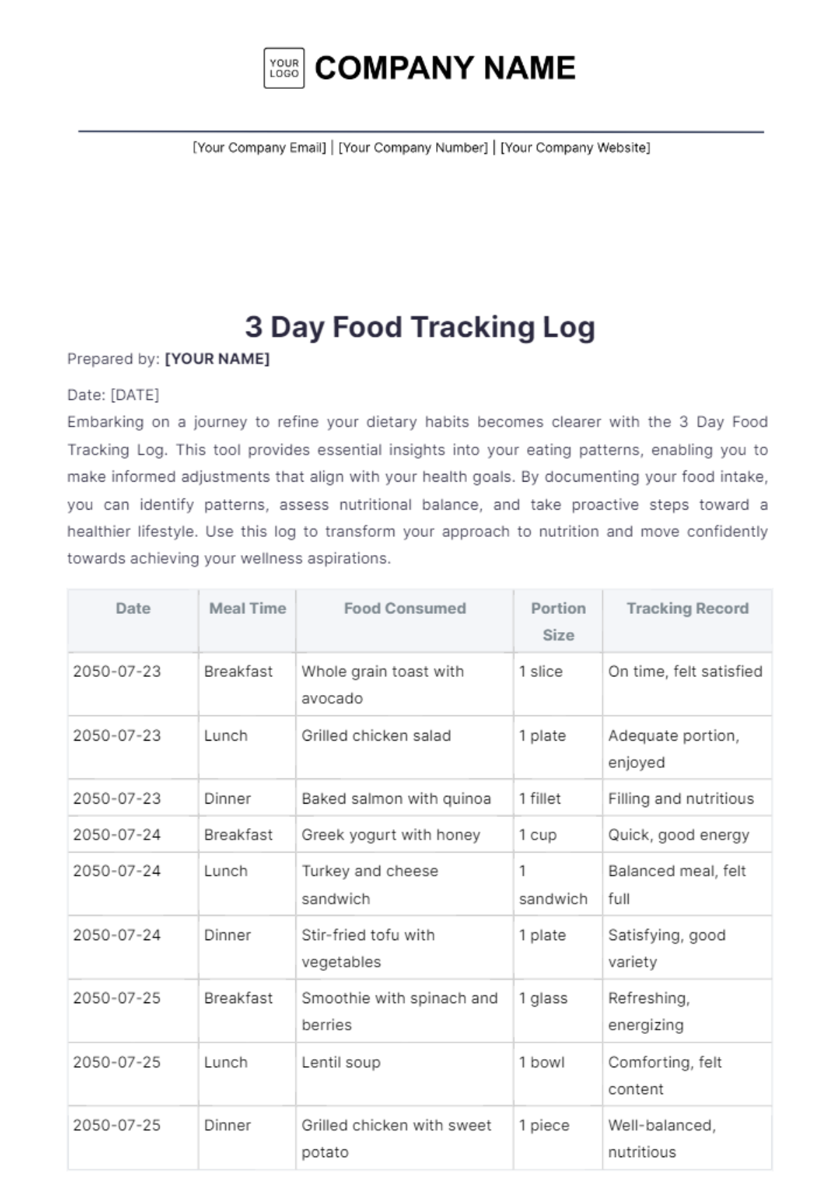 Free Food Log Templates Editable And Printable