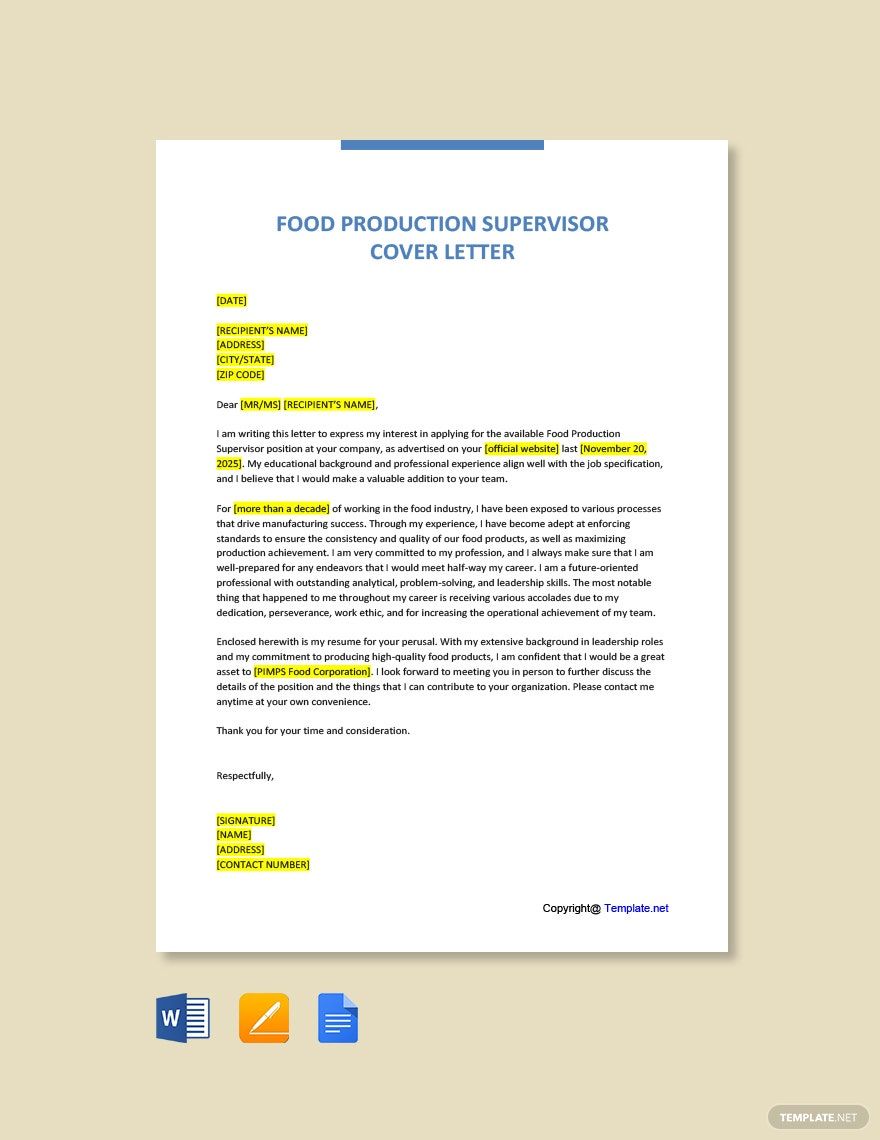 Food Production Supervisor Cover Letter Template Word Google Docs PDF Apple Pages 