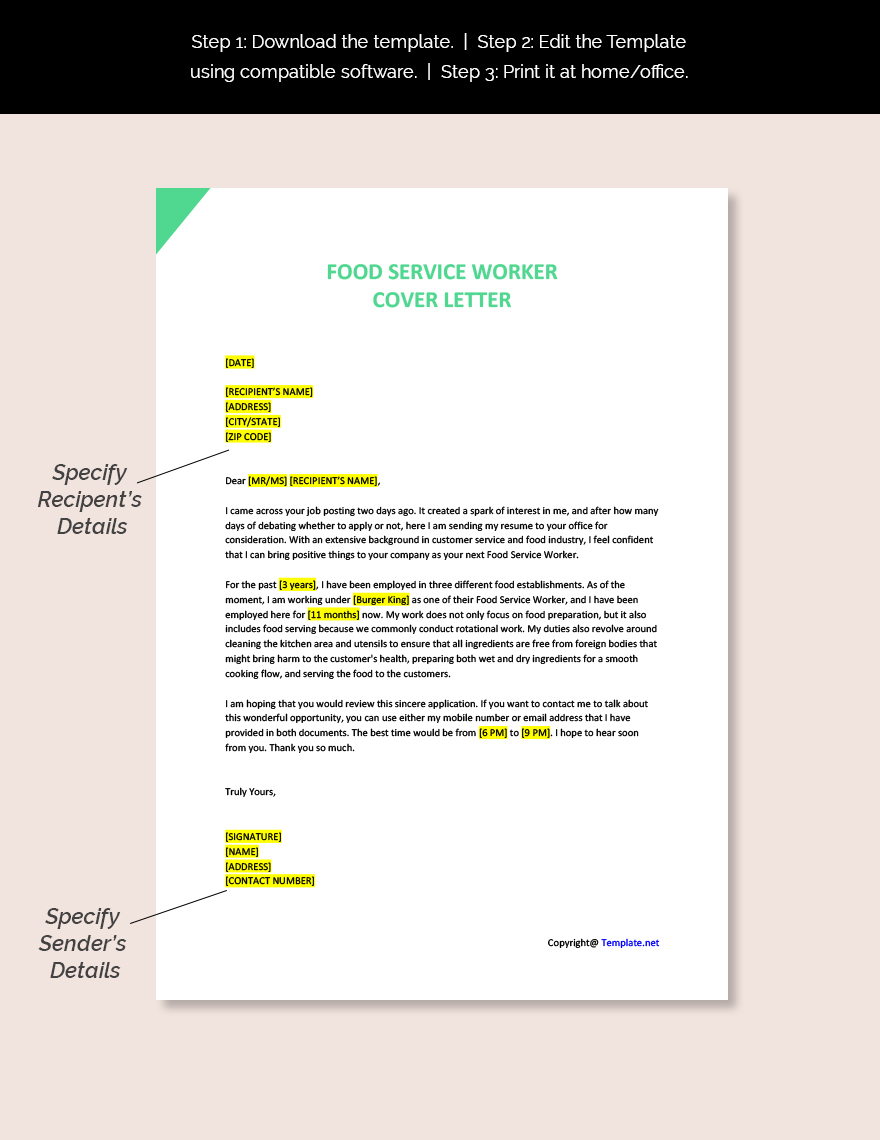 Food Service Worker Cover Letter In Word Google Docs Pages PDF