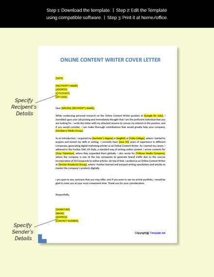 Online Content Writer Cover Letter Template in Google Docs, Word, Apple ...