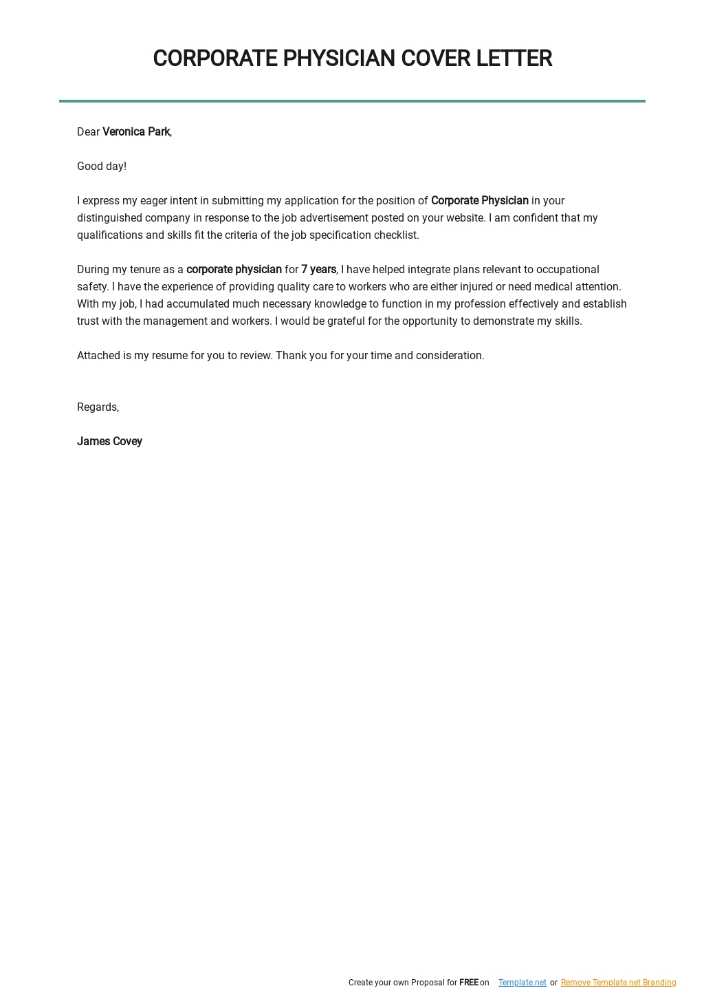 Corporate Physician Cover Letter Template