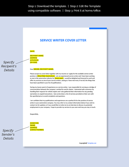 Service Writer Cover Letter Template [Free PDF] - Word (DOC) | Apple ...
