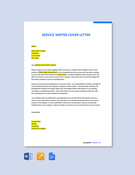 Service Writer Cover Letter Template [Free PDF] - Word (DOC) | Apple ...