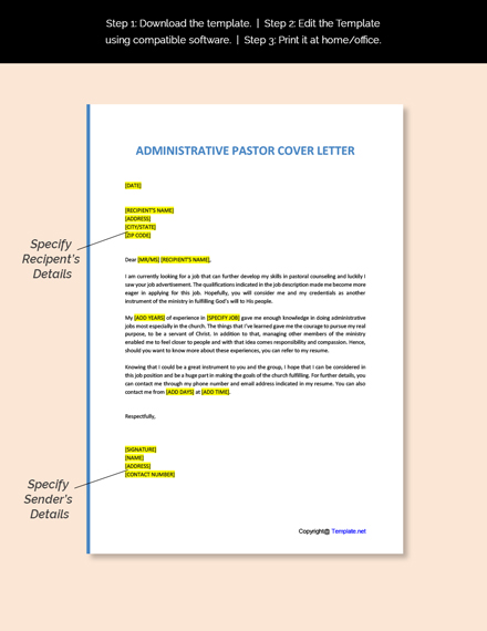 Administrative Pastor Cover Letter Template - Google Docs, Word, Apple ...