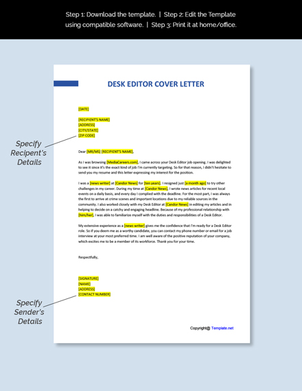 Desk Editor Cover Letter Template - Google Docs, Word | Template.net