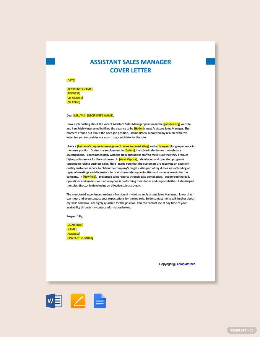 Assistant Sales Manager Cover Letter Template Google Docs Word Apple Pages Template