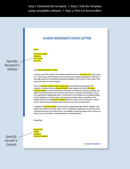 Audio Designer Cover Letter Template - Google Docs, Word | Template.net