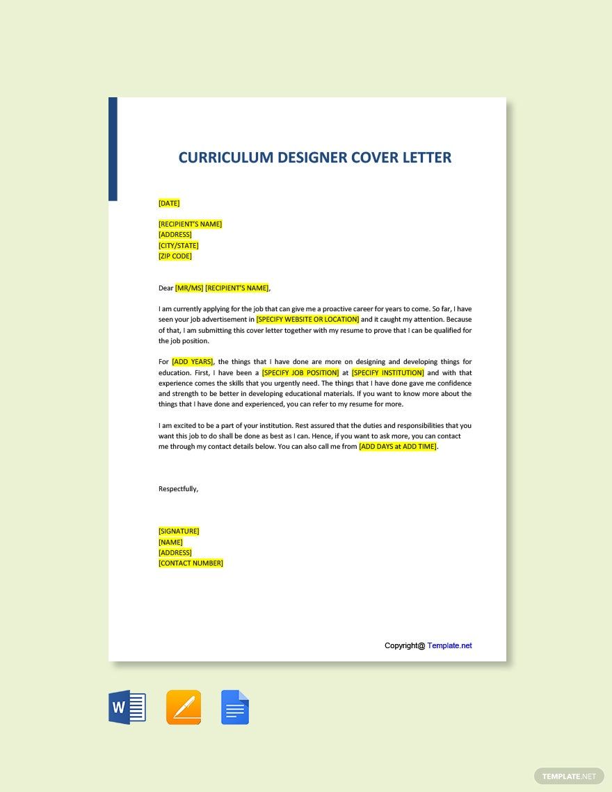 Curriculum Designer Cover Letter Template Google Docs Word Apple 