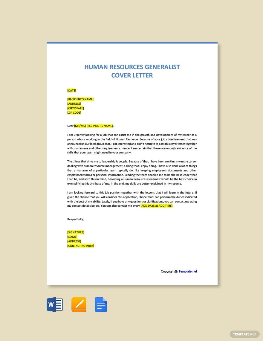 Free Human Resources Generalist Cover Letter Download In Word Google 
