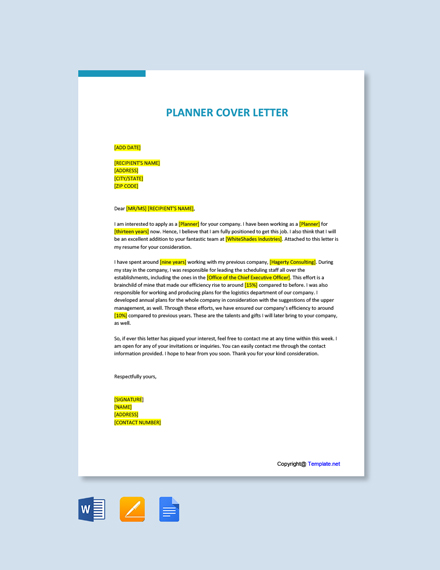 Planner Cover Letter Template - Google Docs, Word | Template.net