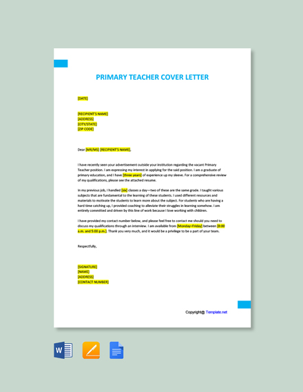 FREE Primary School Teacher Job Application Letter Template - PDF ...