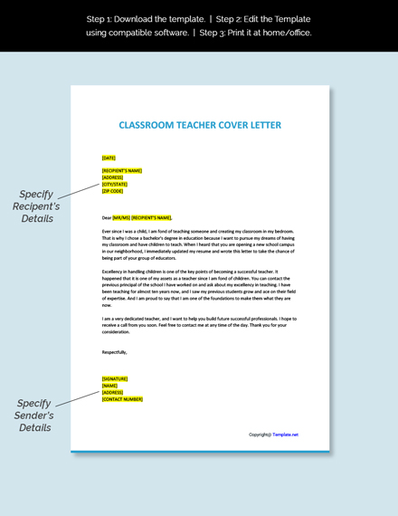 Classroom Teacher Cover Letter Template - Google Docs, Word, Apple ...