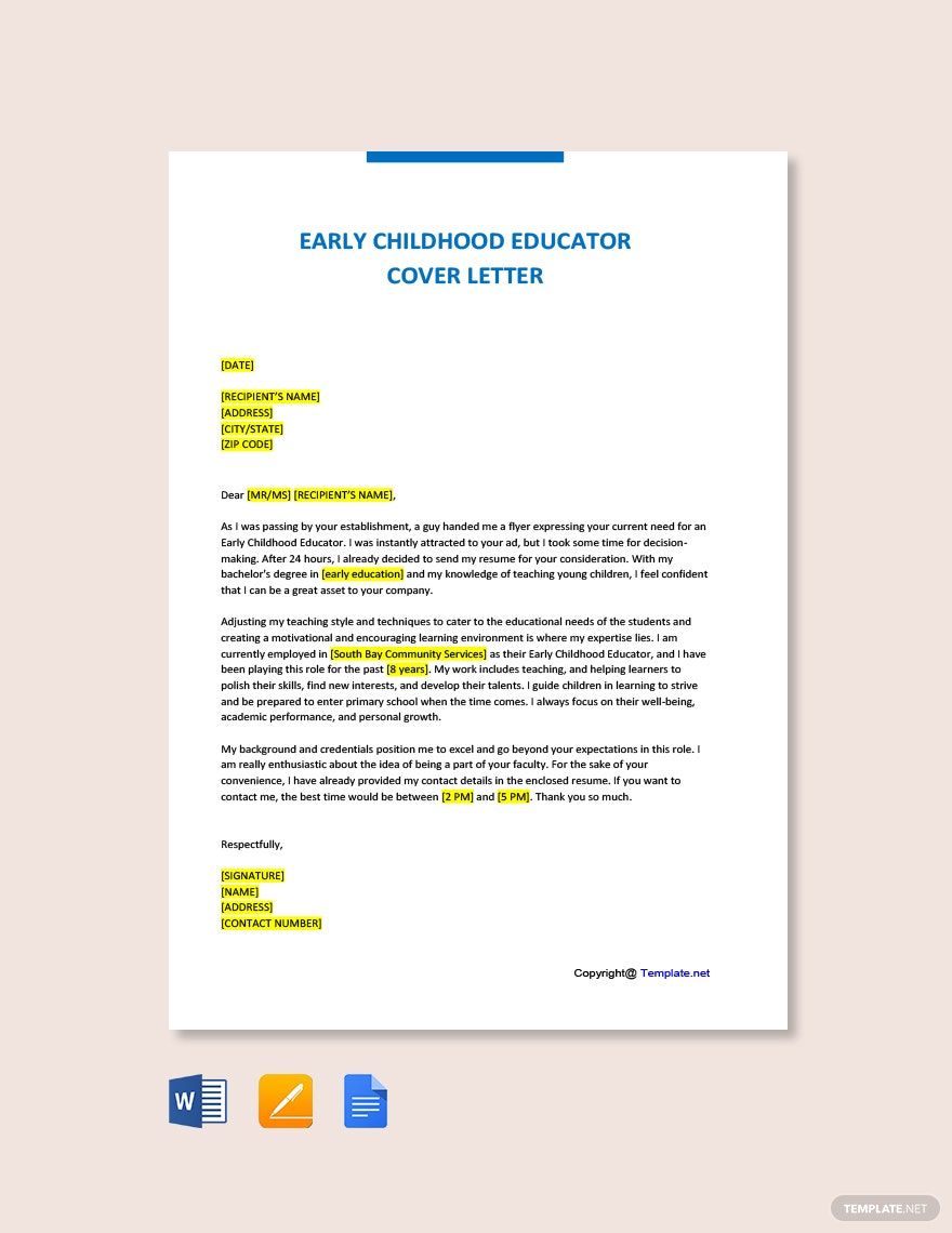 Early Childhood Educator Cover Letter In Word Google Docs Pages PDF