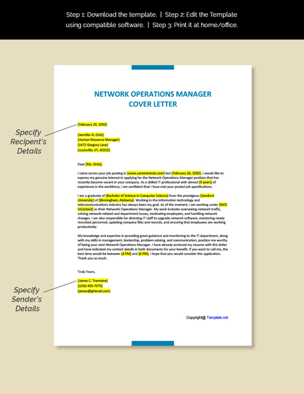 Network Operations Manager Cover Letter Template - Google Docs, Word ...