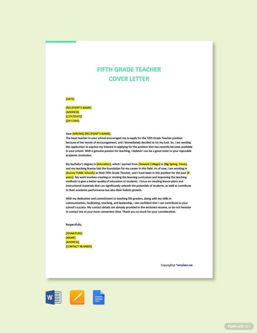 Fifth Grade Teacher Cover Letter Template Google Docs Word Apple 