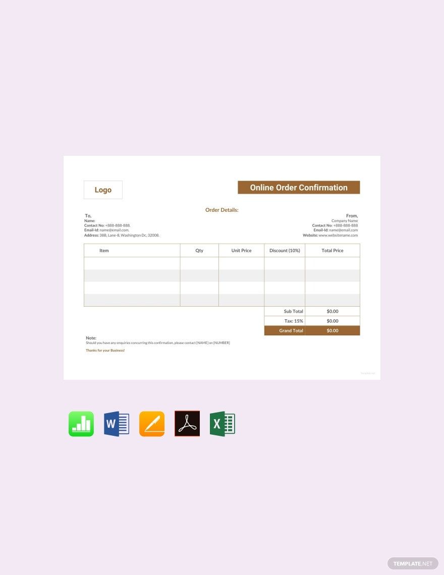 Order Confirmation Example Template - Excel, Word, Apple Numbers, Apple Pages | Template.net