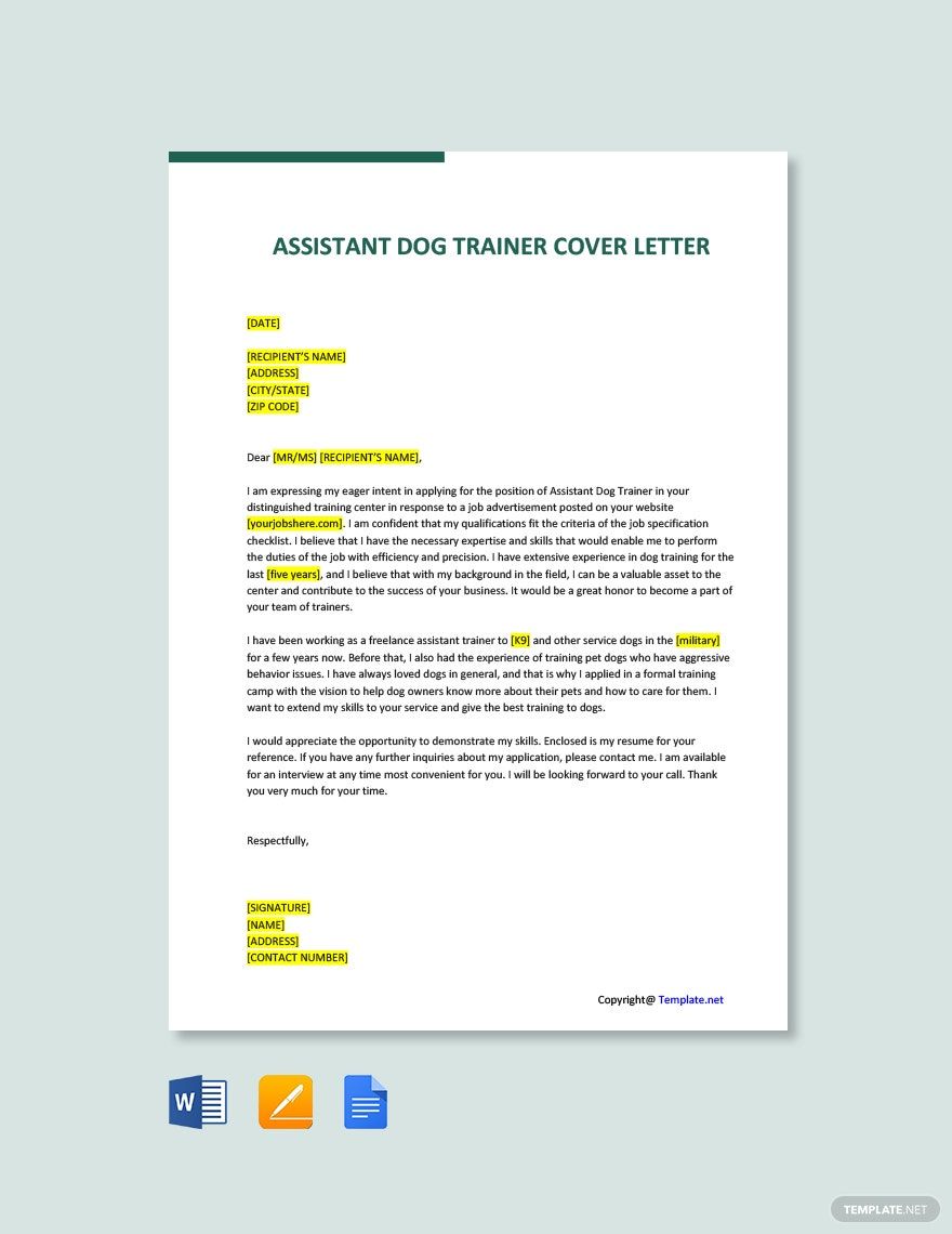 Free Assistant Dog Trainer Cover Letter Download In Word Google Docs 