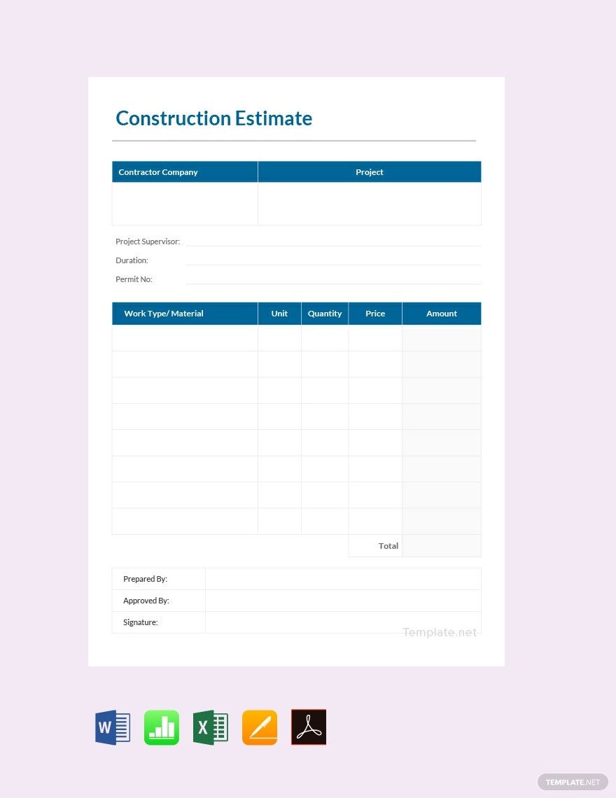 Printable Construction Estimate Template Google Docs Google Sheets 