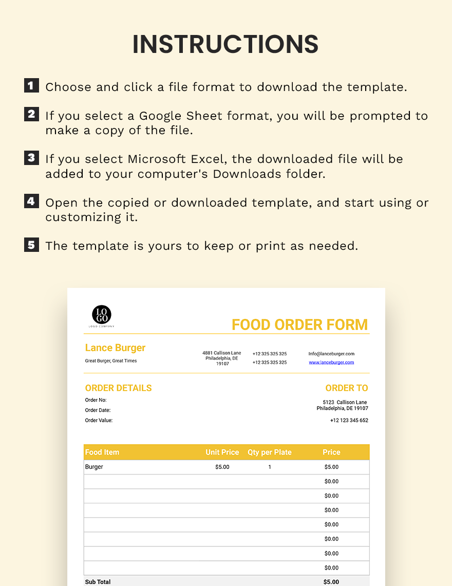 Food Order Form Template - Google Docs, Google Sheets, Excel, Word ...
