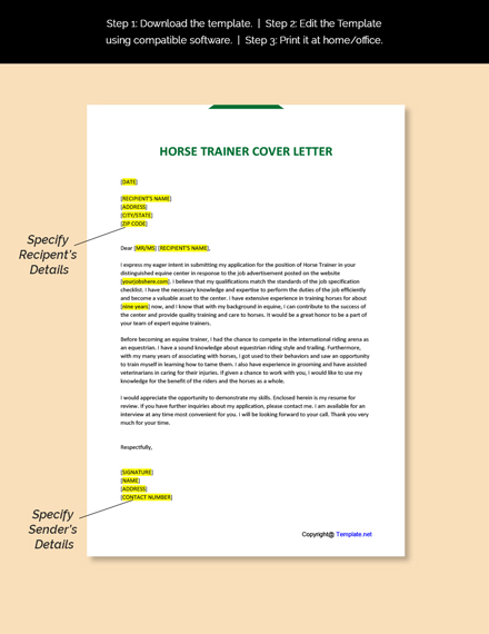 Free Horse Trainer Cover Letter Template - Google Docs, Word | Template.net