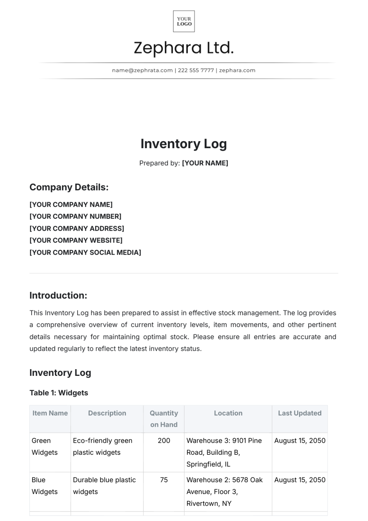 Inventory Log Template - Edit Online & Download Example | Template.net