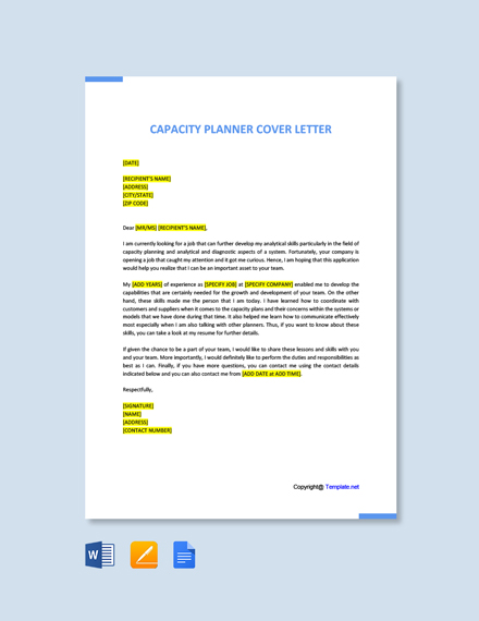 Capacity Planner Cover Letter Template - Google Docs, Word | Template.net