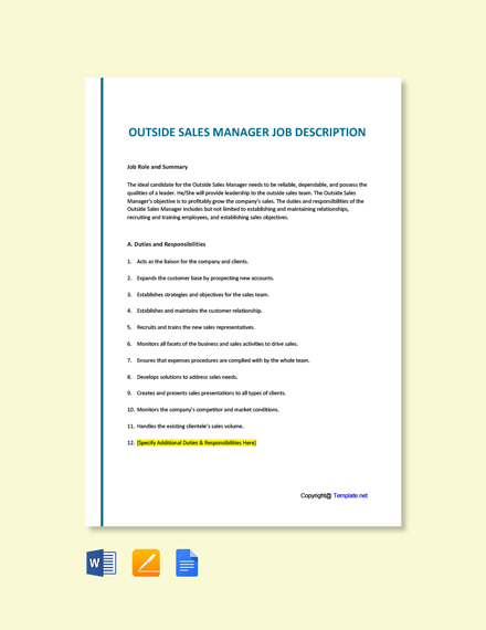 Outside Sales Manager Job AD Description Template Google Docs Word Outside Sales Manager Job AD Description Template Google Docs Word