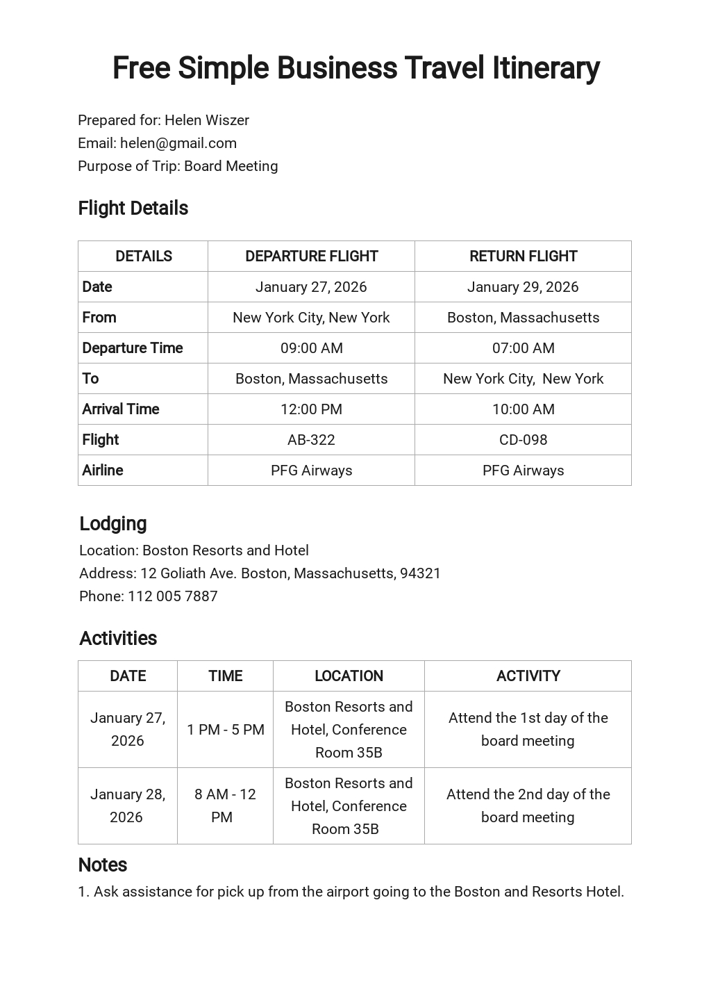 Sample Business Travel Itinerary Template Parahyena
