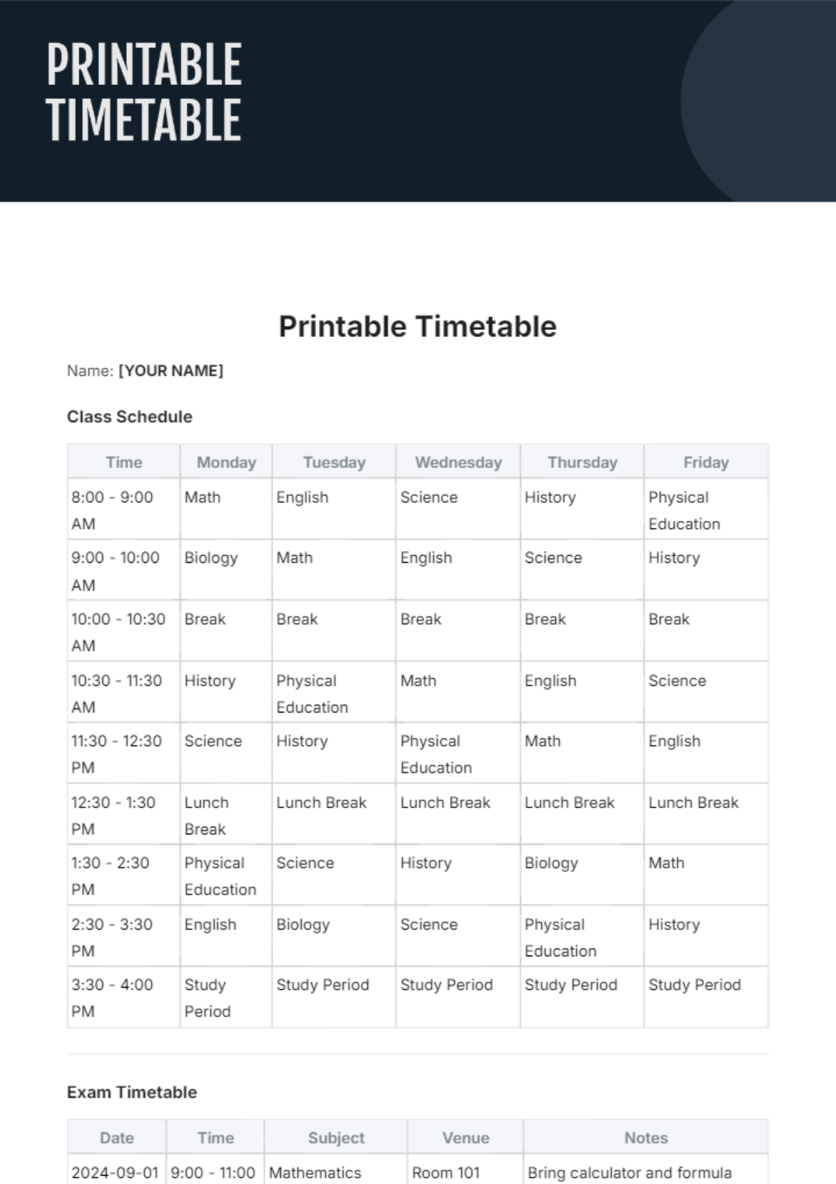 Free Timetable Template To Edit Online