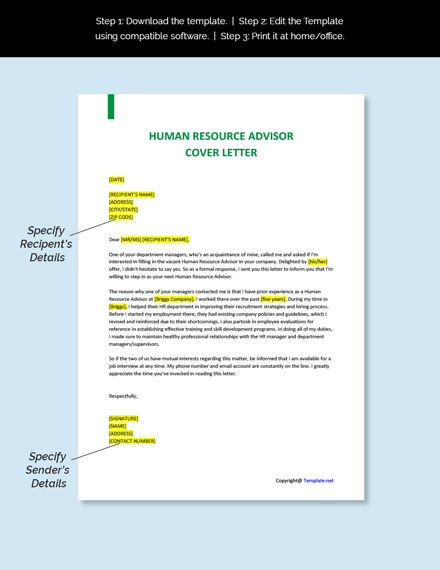 Free Human Resource Advisor Cover Letter Template - Google Docs, Word ...