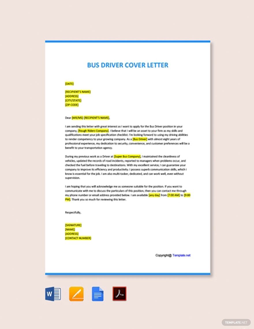 FREE Bus Driver Cover Letter PDF Template Download Template