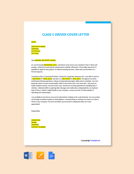 Professional Driver Cover Letter Template - Google Docs, Word, Apple ...
