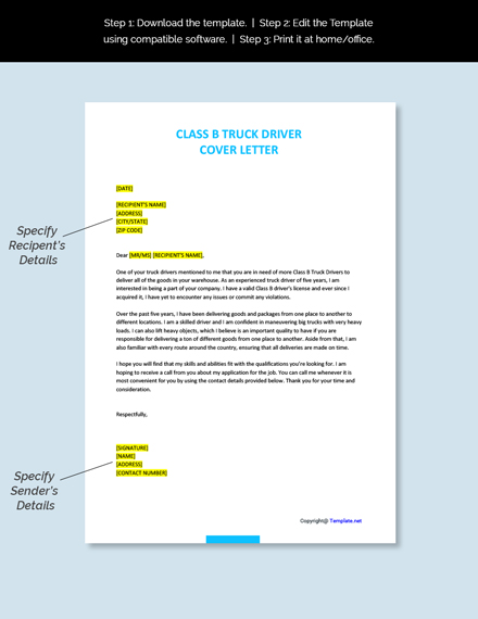 Class B Truck Driver Cover Letter Template - Google Docs, Word, Apple ...