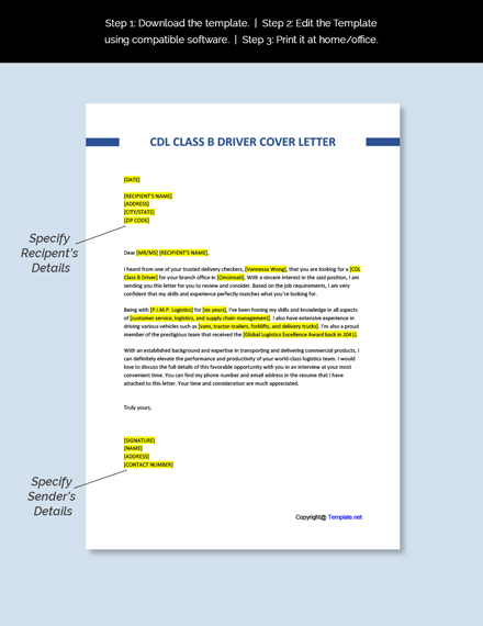 CDL Class B Driver Cover Letter Template - Google Docs, Word, Apple ...