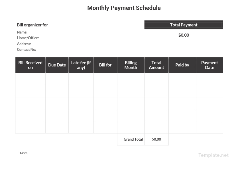 Monthly Payment Schedule Template In Microsoft Word Excel Template