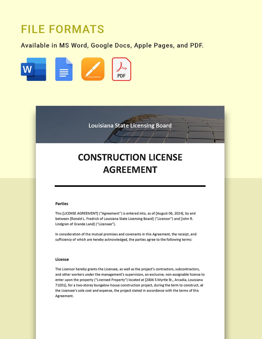 Construction License Agreement Template - Google Docs, Word, Apple ...