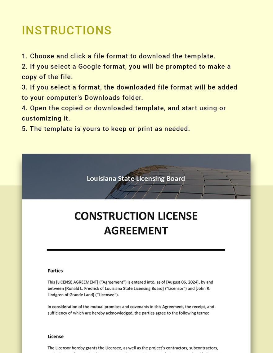 Construction License Agreement Template - Google Docs, Word, Apple ...