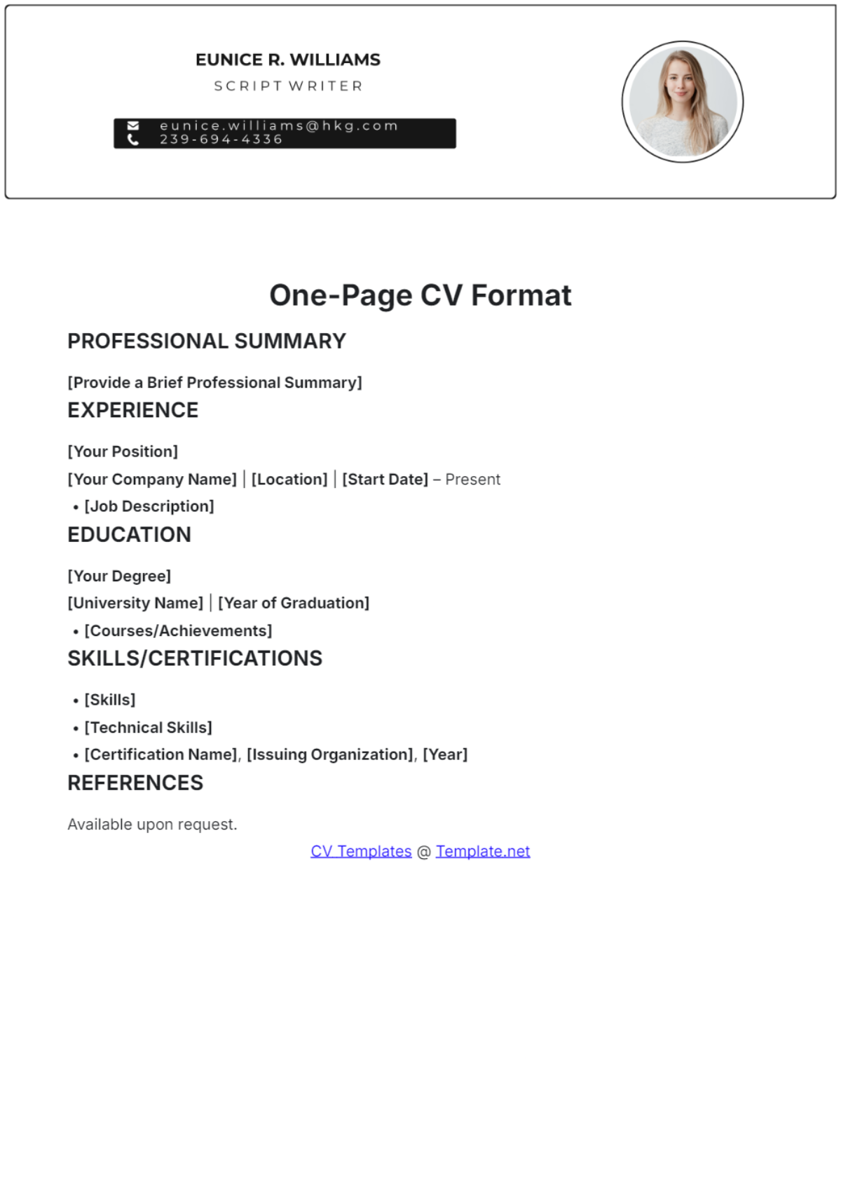 Free One Page CV Format Template To Edit Online Free One Page CV Format Template To Edit Online