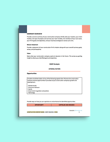 Free Sample Construction SWOT Analysis Template - Google Docs, Word ...