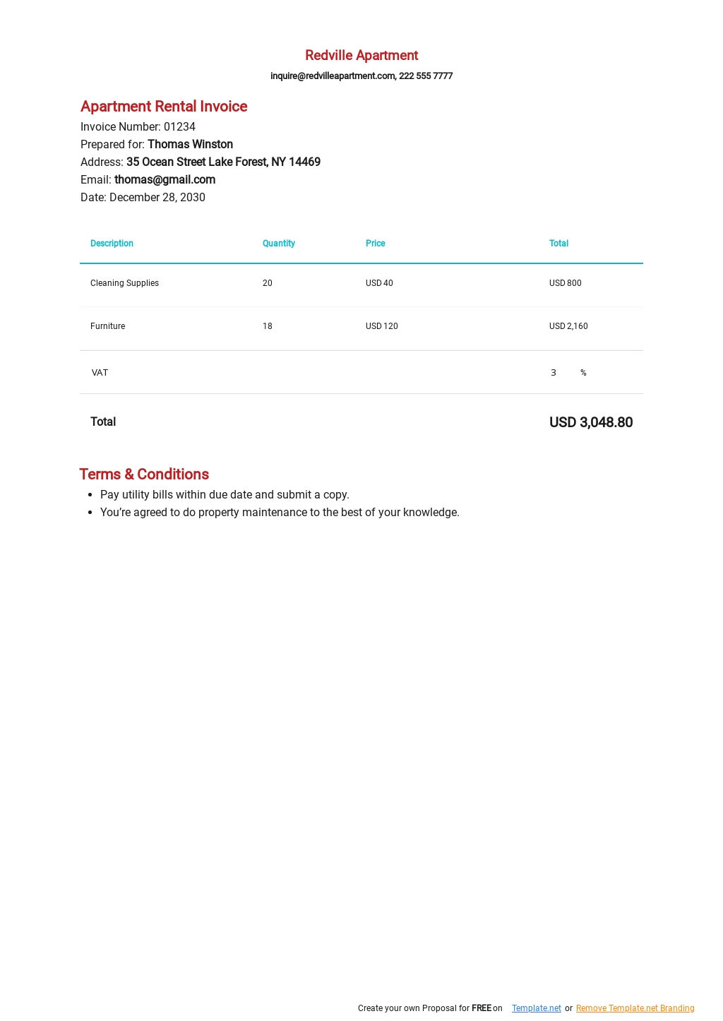 Rental Invoice Template Free PDF Google Docs Google Sheets Excel 