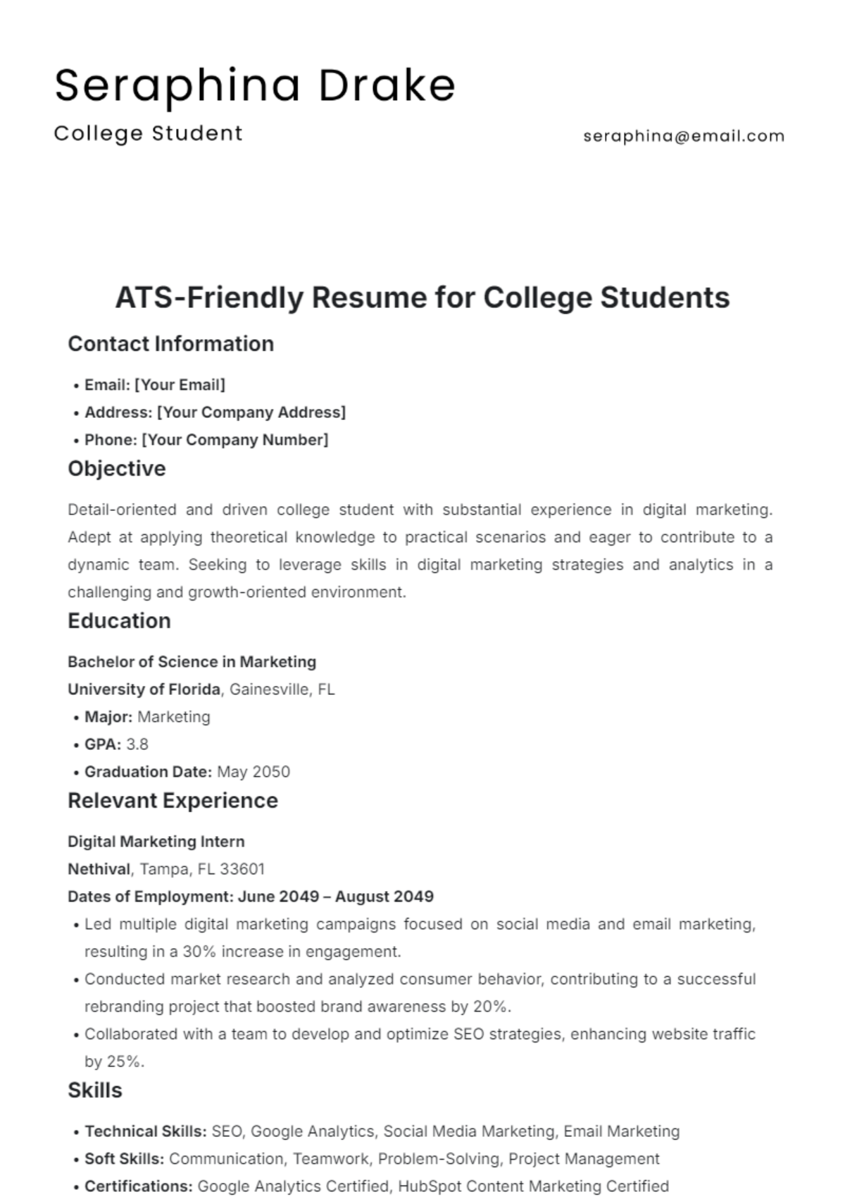 Free College Resume Templates To Edit Online And Download