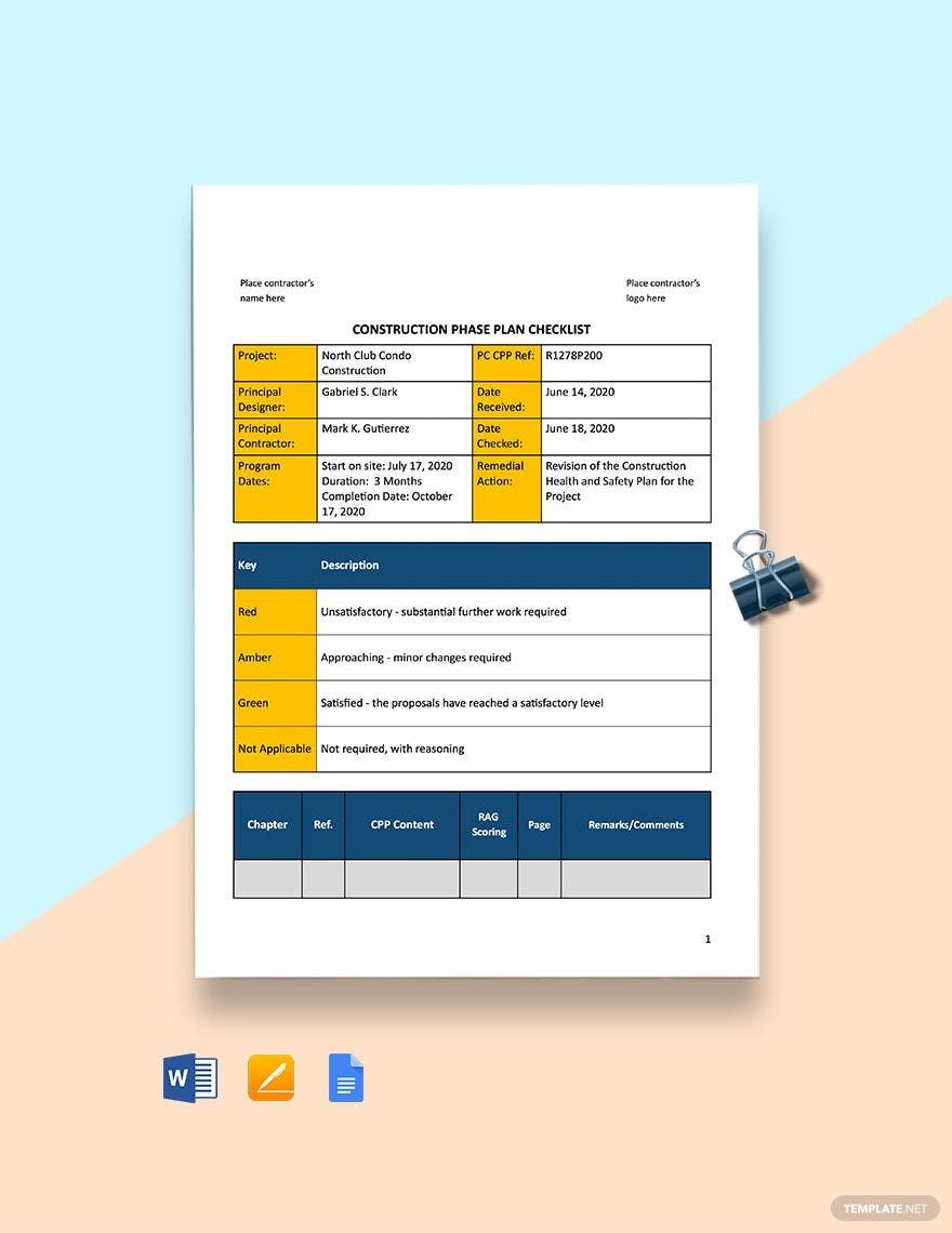 Construction Phase Plan Checklist Template Google Docs Word Apple 