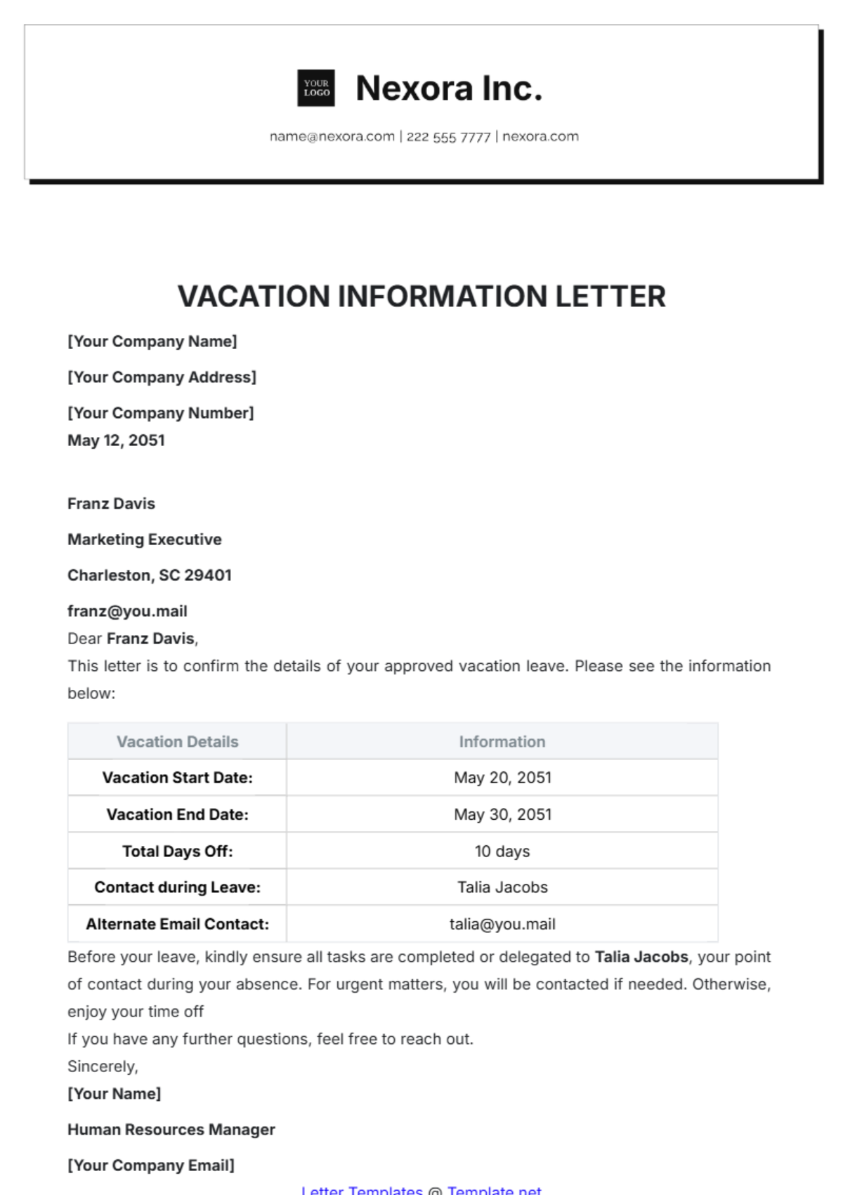 Free Reschedule Vacation Leave Letter Template To Edit Online