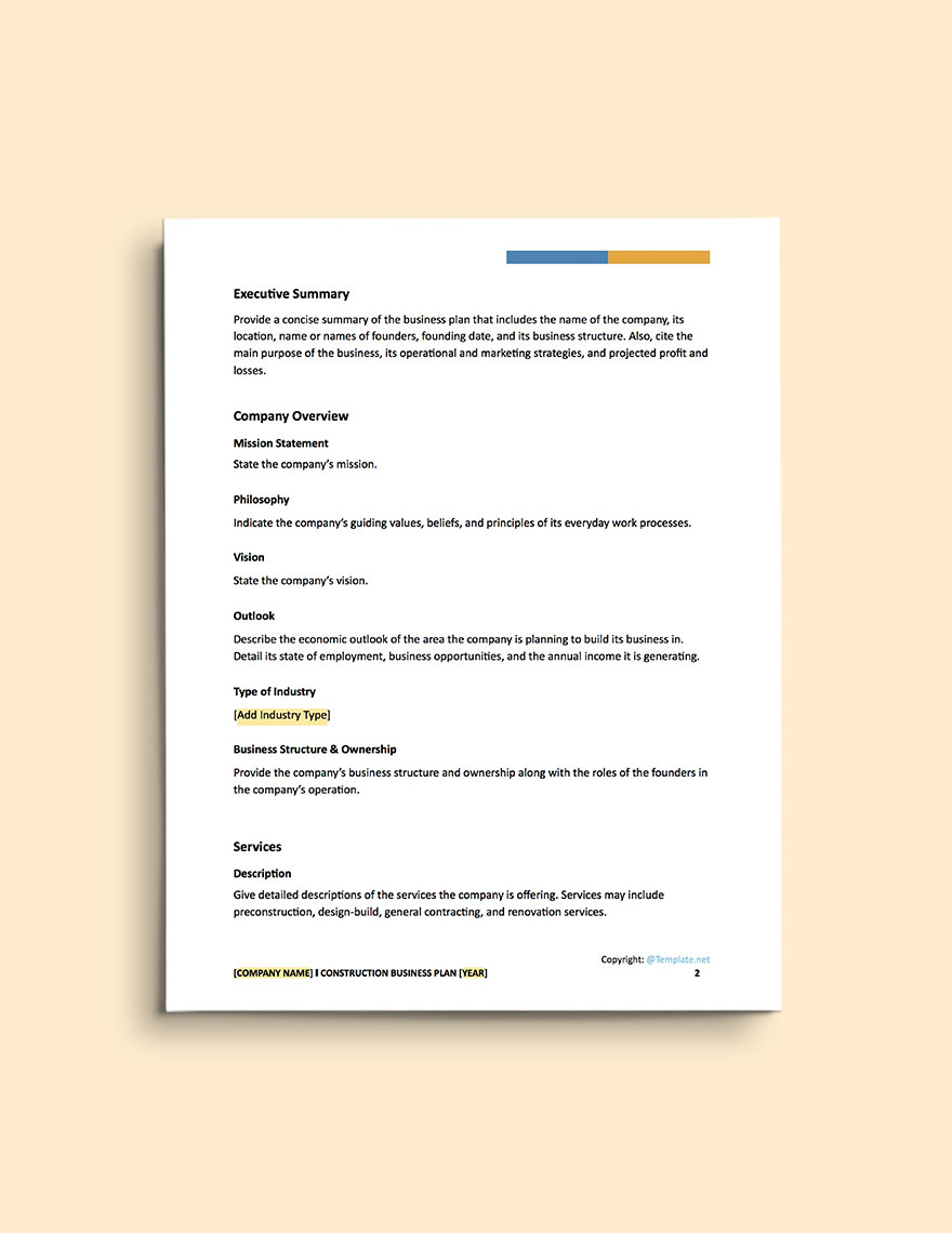 General Construction Business Plan Template - Google Docs, Word, Apple ...