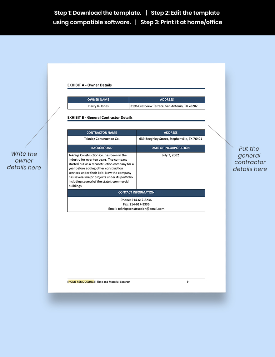 Time and Material Contract in Project Management Template - Google Docs ...
